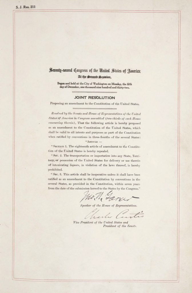 U.S. Constitution - The 21st Amendment Repeals Prohibition - Ratified ...